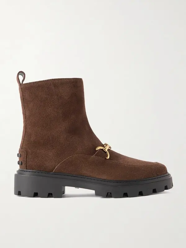 TOD'S Gomma Pesante Embellished Suede Ankle Boots - Brown