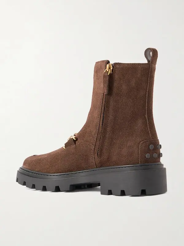 TOD'S Gomma Pesante Embellished Suede Ankle Boots - Brown