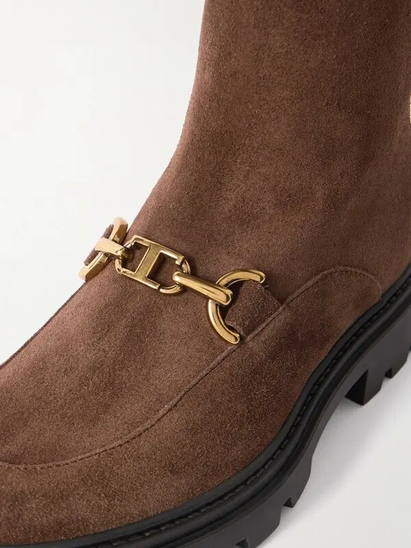 TOD'S Gomma Pesante Embellished Suede Ankle Boots - Brown