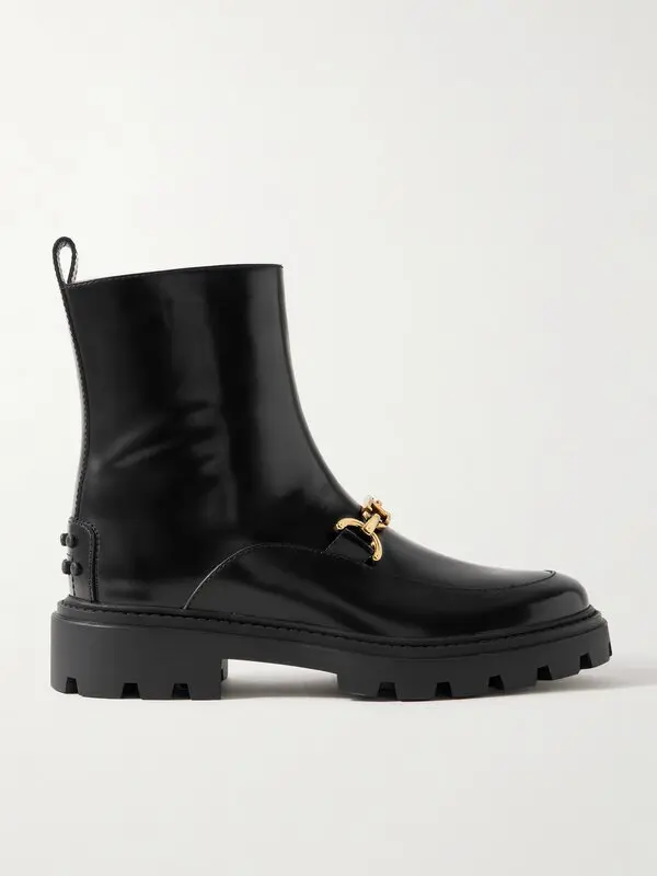 TOD'S Gomma Pesante Embellished Glossed-leather Ankle Boots - Black