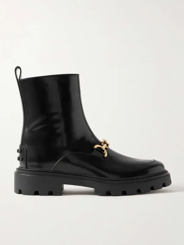 TOD'S Gomma Pesante Embellished Glossed-leather Ankle Boots - Black