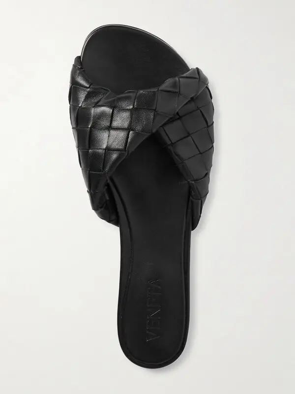 Bottega Veneta Blink Intrecciato Leather Slides - Black