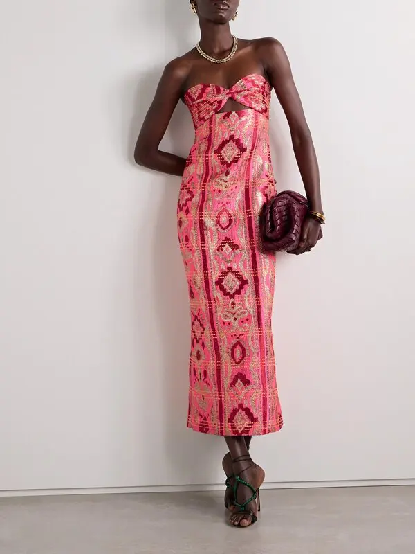 Johanna Ortiz Powerful Stitches Cutout Metallic Brocade Midi Dress In Pink  - 50% Off | Editorialist
