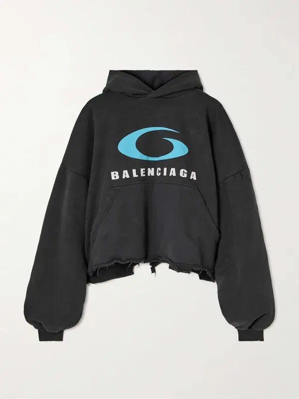 Balenciaga Oversized Cropped Distressed Printed Hoodie In Black
