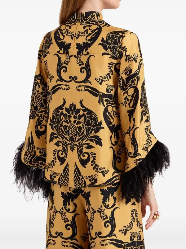 La DoubleJ Feather-trimmed Printed Top - Gold