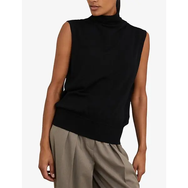 REISS Harper Funnel-neck Wool Top - Black