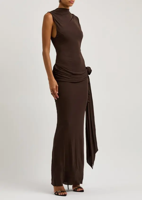 jacinth maxi dress in chocolate brown jersey Jersey Solid Ruched Long Sleeve Maxi Dress  JardinVue