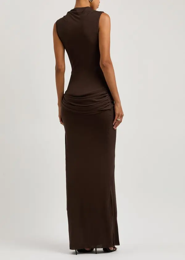 de la vali jacinth maxi dress De La Vali Jacinth Draped Stretch-Jersey Maxi Dress - Chocolate