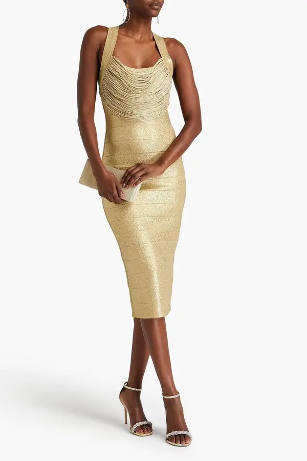 gold bandage bodycon dress Golden One-Shoulder Metallic Bandage Bodycon Dress