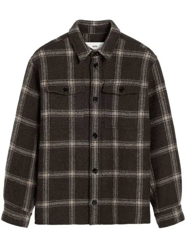 Ami Checked Wool-blend Shirt Jacket - Brown