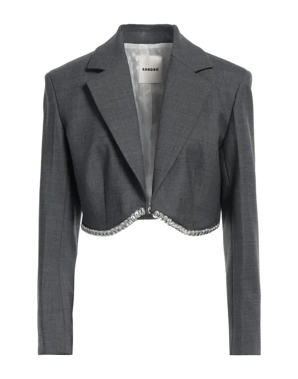 Sandro Single-breasted Cropped Blazer With Crystal Embellishments - Grey