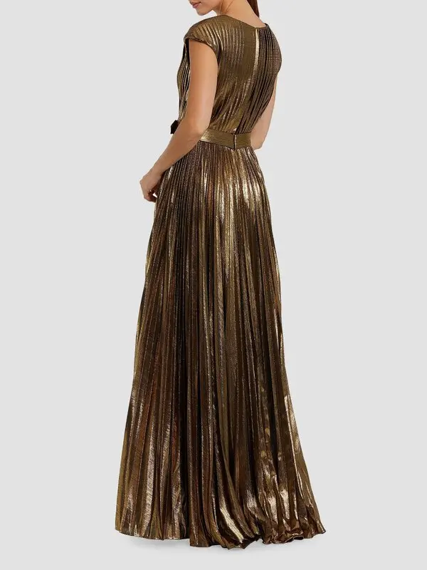 Mac Duggal Metallic Pleated Belted A-line Gown