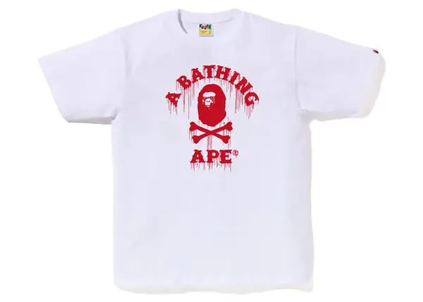 A BATHING APE Drip Ape Crossbone College Tee Shirt - White Red