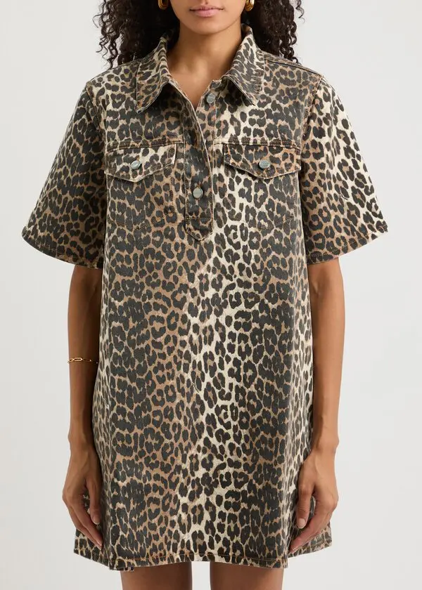 Ganni Print Stretch-Denim Mini Dress - Leopard | Editorialist