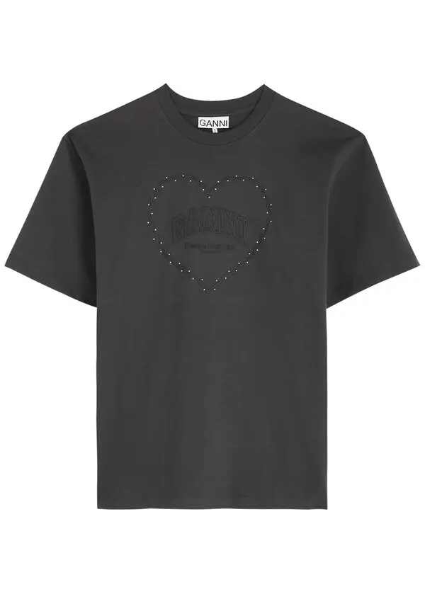 GANNI Logo Crystal-embellished Cotton T-shirt