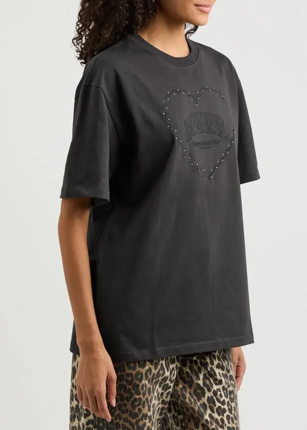 GANNI Logo Crystal-embellished Cotton T-shirt