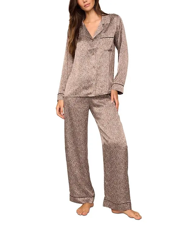Eberjey Inez Printed Washable Silk Long Pajama Set - Animal Instinct Deep Taupe
