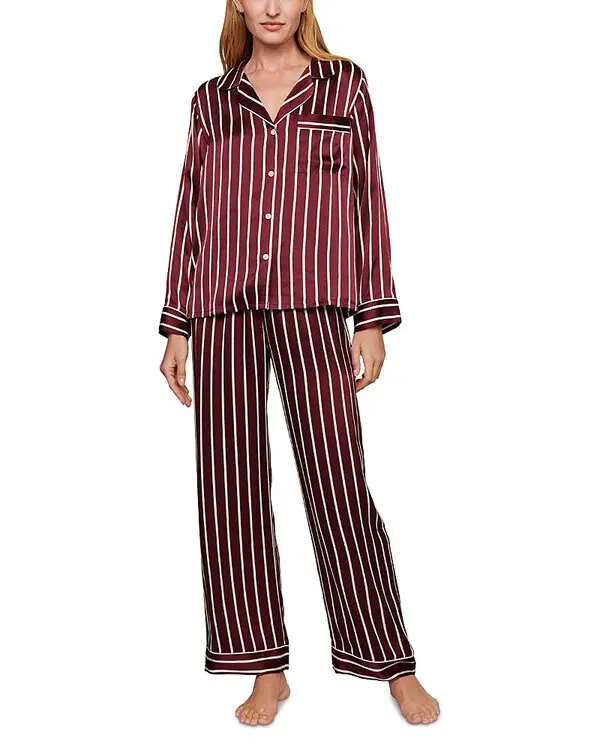 Eberjey Inez Printed Washable Silk Long Pajama Set - Classic Stripe Bordeaux/ivory