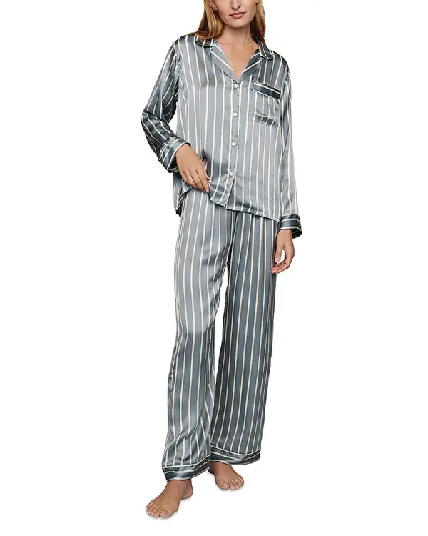 Eberjey Inez Printed Washable Silk Long Pajama Set - Classic Stripe Lead/ivory