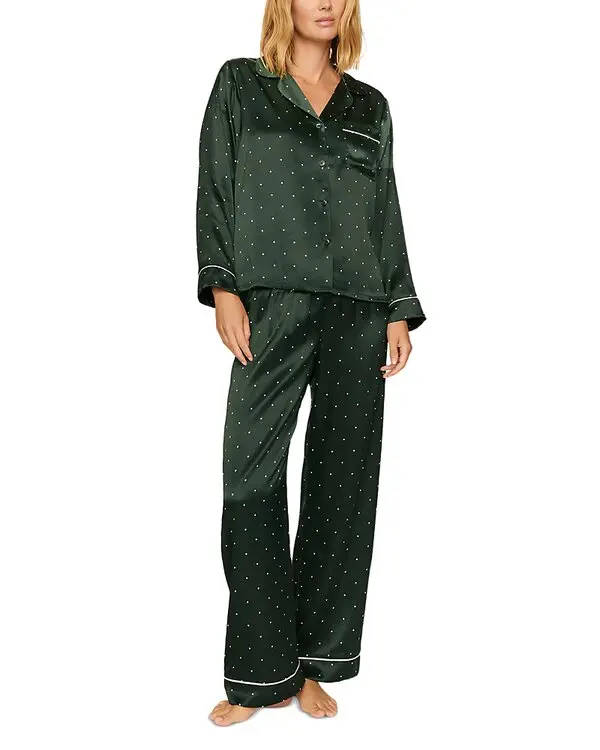 Eberjey Inez Printed Washable Silk Long Pajama Set - Dot Pine/ivory