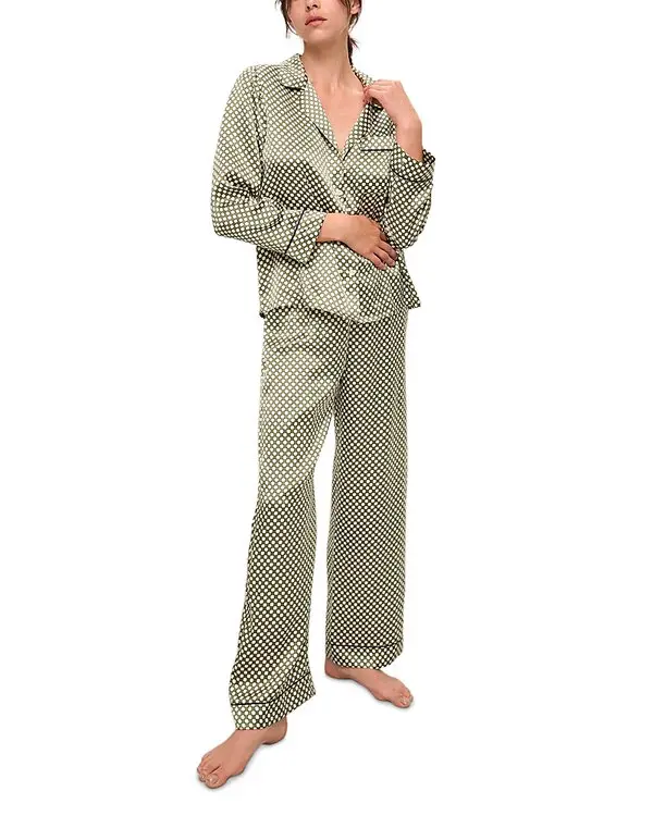 Eberjey Inez Printed Washable Silk Long Pajama Set - Geo Sphere Moss/navy