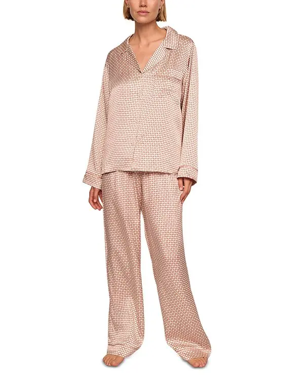 Eberjey Inez Printed Washable Silk Long Pajama Set - Geosphere Silver Pink