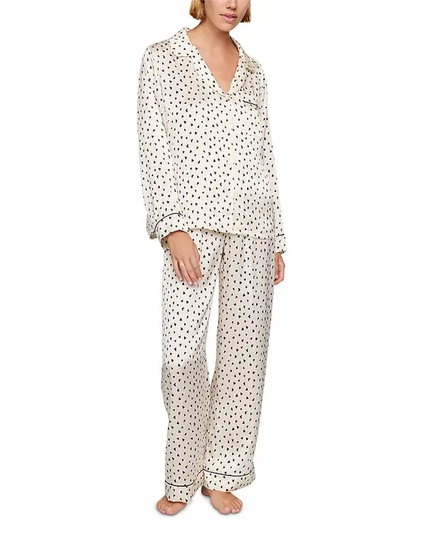 Eberjey Inez Printed Washable Silk Long Pajama Set - Heart To Heart Ivory/black