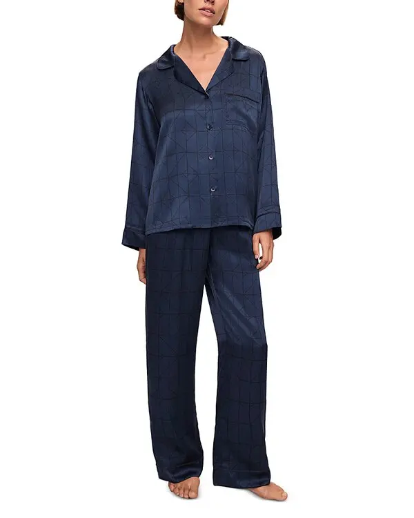 Eberjey Inez Printed Washable Silk Long Pajama Set - Mosaic Tile Navy/black