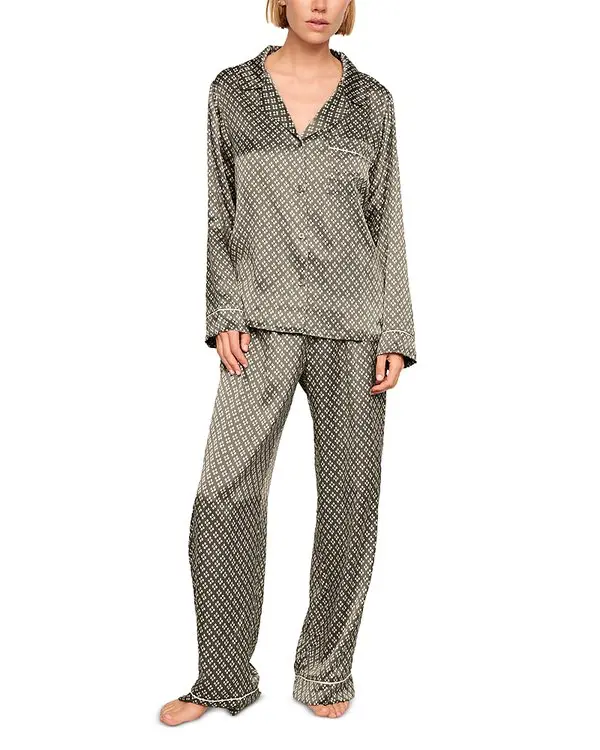 Eberjey Inez Printed Washable Silk Long Pajama Set - Petite Batik Smokey Olive/ivory
