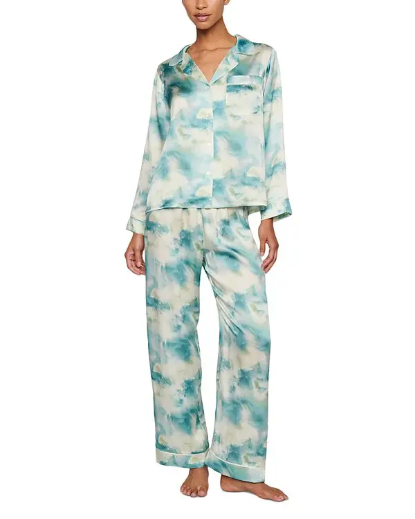 Eberjey Inez Printed Washable Silk Long Pajama Set - Seafoam Silk