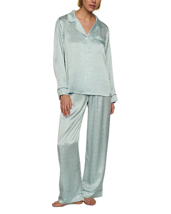 Eberjey Inez Printed Washable Silk Long Pajama Set - Seashell Blue Lagoon