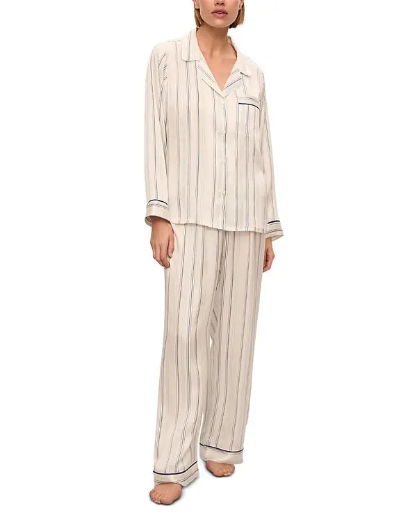 Eberjey Inez Printed Washable Silk Long Pajama Set - Serene Stripe/navy