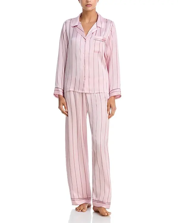Eberjey Inez Printed Washable Silk Long Pajama Set - Simple Stripe Pale Pink/fig