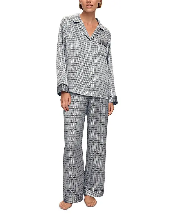 Eberjey Inez Printed Washable Silk Long Pajama Set - Stained Glass Lunar Rock/navy