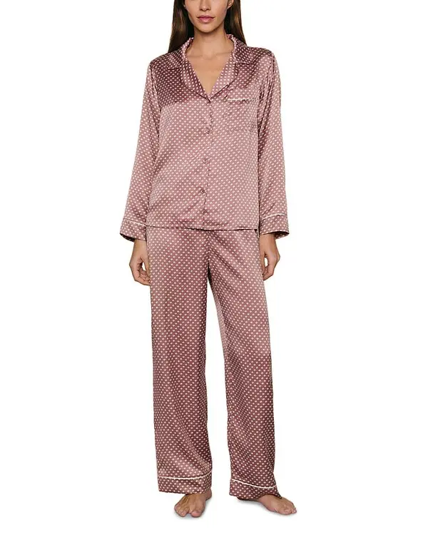 Eberjey Inez Printed Washable Silk Long Pajama Set - Tide Dot Fig/ivory