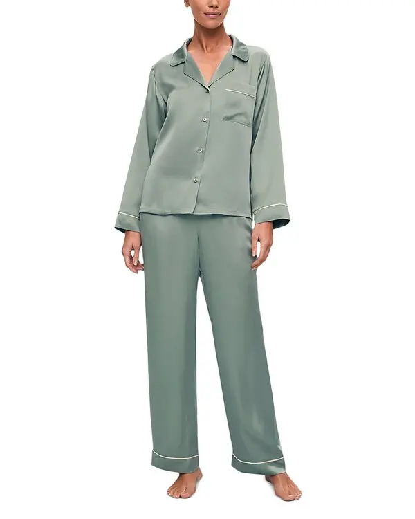 Eberjey Inez Washable Silk Long Pajama Set - Eucalyptus/ivory