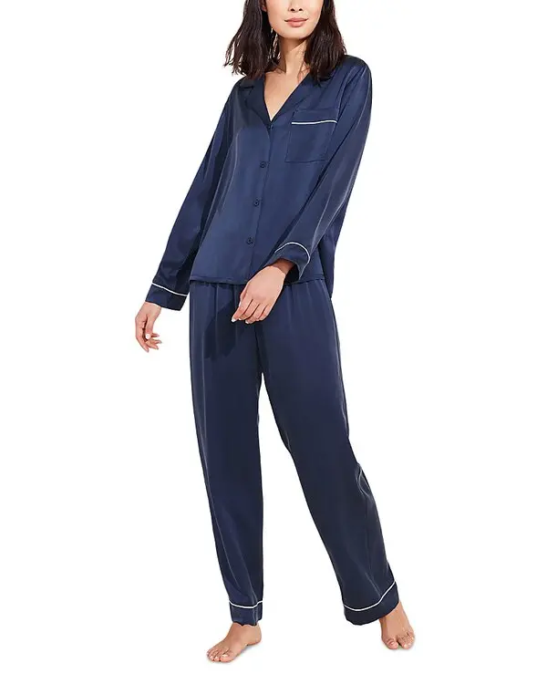Eberjey Inez Washable Silk Long Pajama Set - Navy/champagne