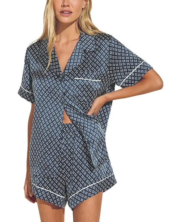 Eberjey Inez Printed Washable Silk Short Pajama Set - Petite Batik Indigo Blue
