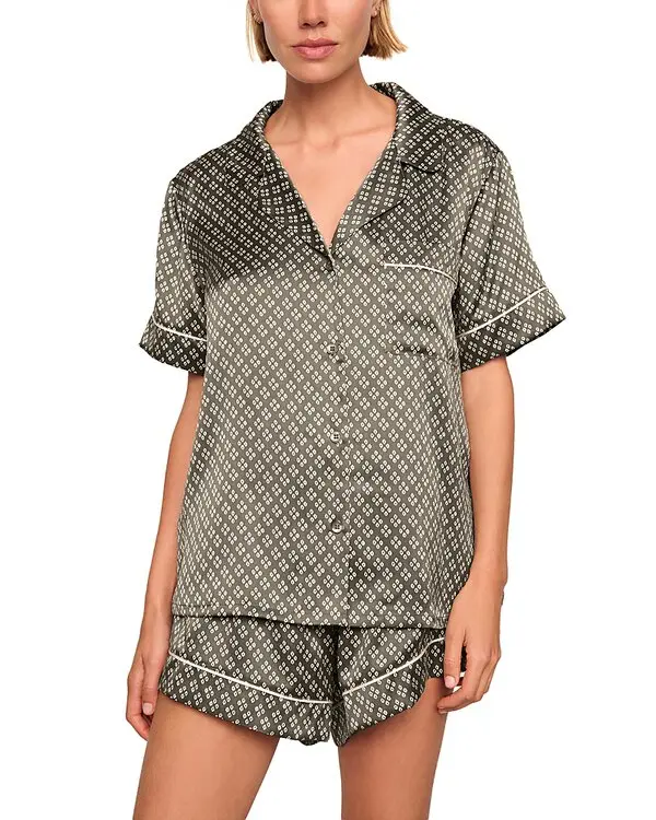 Eberjey Inez Printed Washable Silk Short Pajama Set - Petite Batik Smokey Olive/ivory