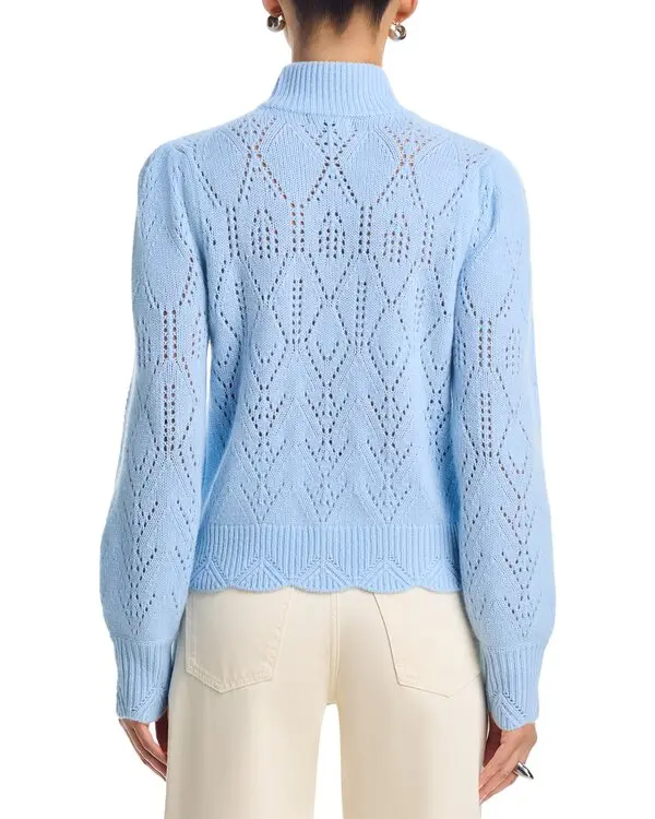 Aqua 100% Cashmere Pointelle Mock Neck Sweater - Frost Blue