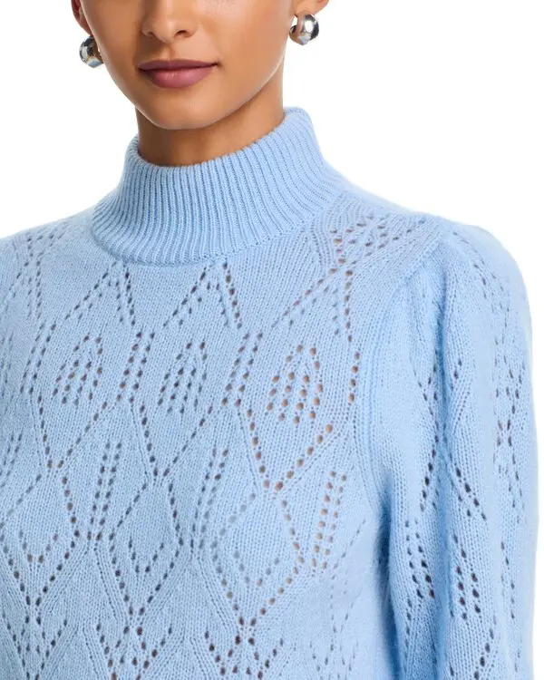 Aqua 100% Cashmere Pointelle Mock Neck Sweater - Frost Blue