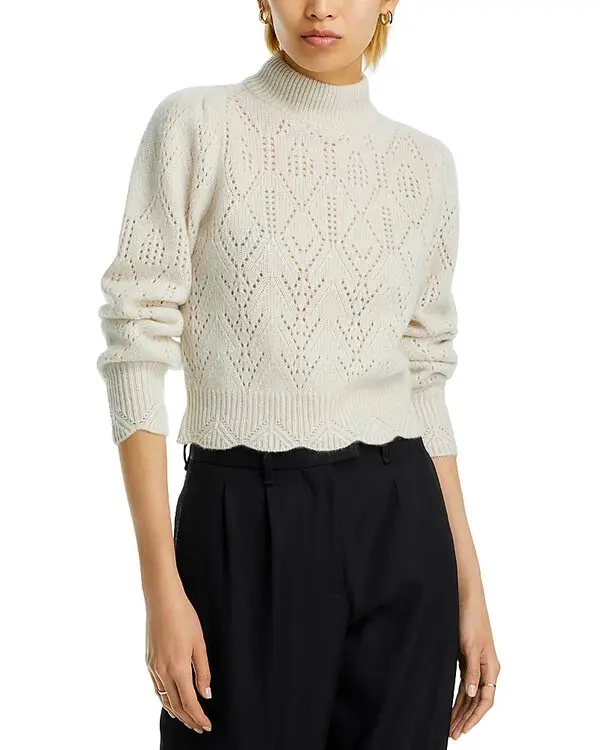 Aqua 100% Cashmere Pointelle Mock Neck Sweater Exclusive - Oatmeal