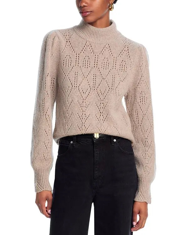 Aqua 100% Cashmere Pointelle Mock Neck Sweater - Wheat