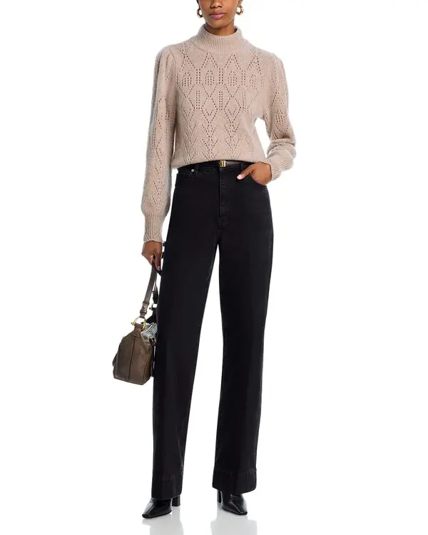 Aqua 100% Cashmere Pointelle Mock Neck Sweater - Wheat