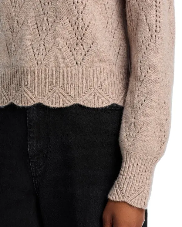 Aqua 100% Cashmere Pointelle Mock Neck Sweater - Wheat
