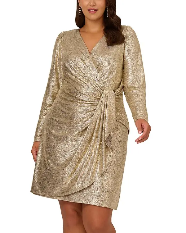 Adrianna Papell Metallic Long Sleeve Draped Dress In Light Gold - 62% Off |  Editorialist