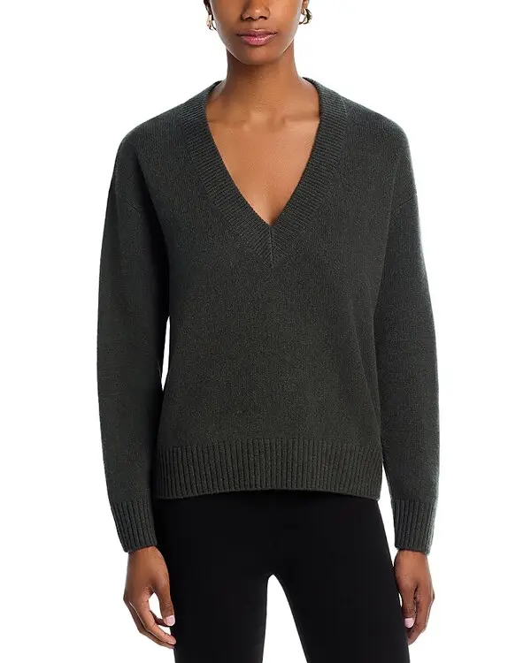 Aqua 100% Cashmere Drop Shoulder V-neck Sweater - Army