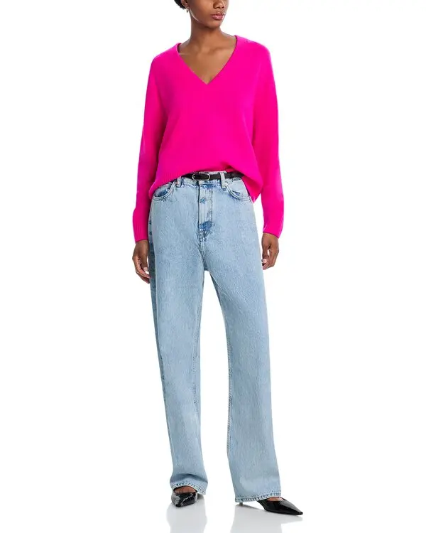 Aqua 100% Cashmere Drop Shoulder V-neck Sweater - Knockout Pink