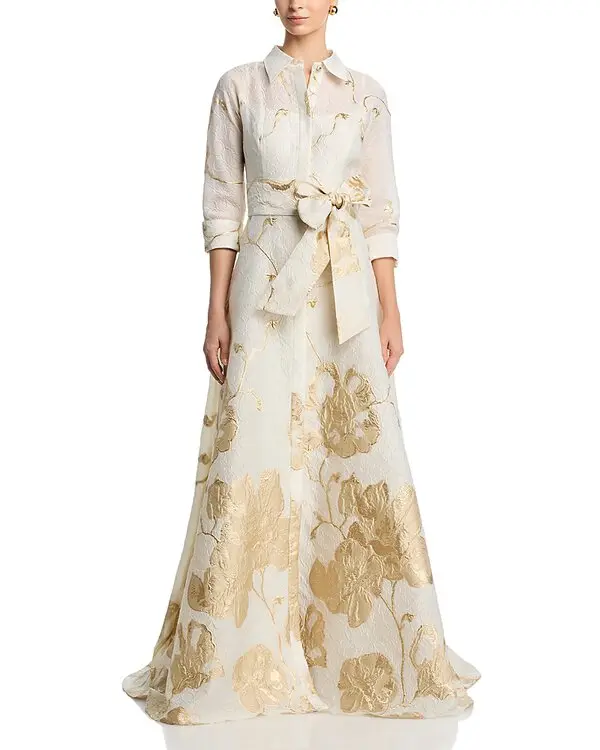 Rickie Freeman For Teri Jon Metallic Jacquard Gown - Ivory/gold