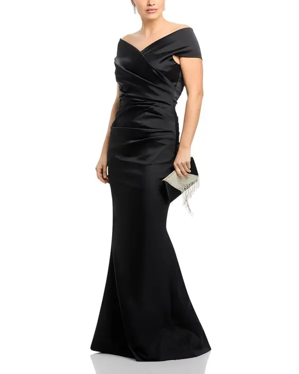 Rickie Freeman For Teri Jon Pleated Stretch Satin Gown - Black |  Editorialist